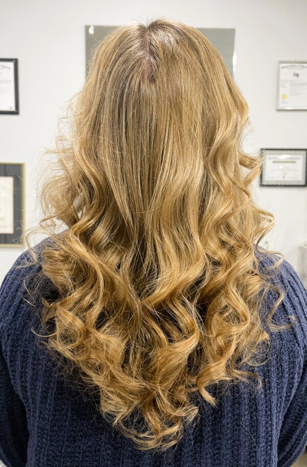 Long layered Buter scotch blond highlights. - Amici Style Salon ...